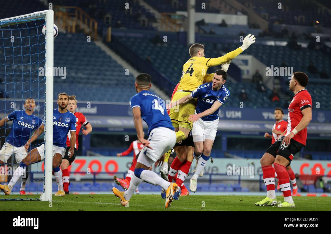 Everton's Michael Keane scores before his goal is disallowed during the ...