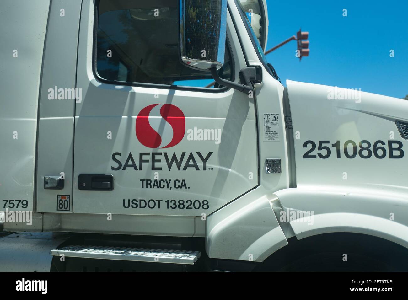 Close-up of the side of a semi truck with logo for Safeway supermarket ...