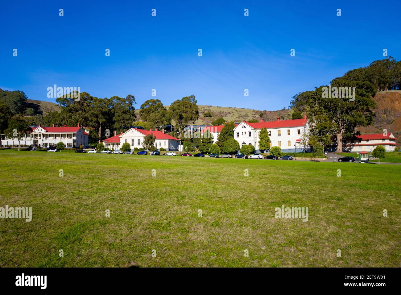 Historic buildings of Fort Baker are visible on a sunny day, now ...