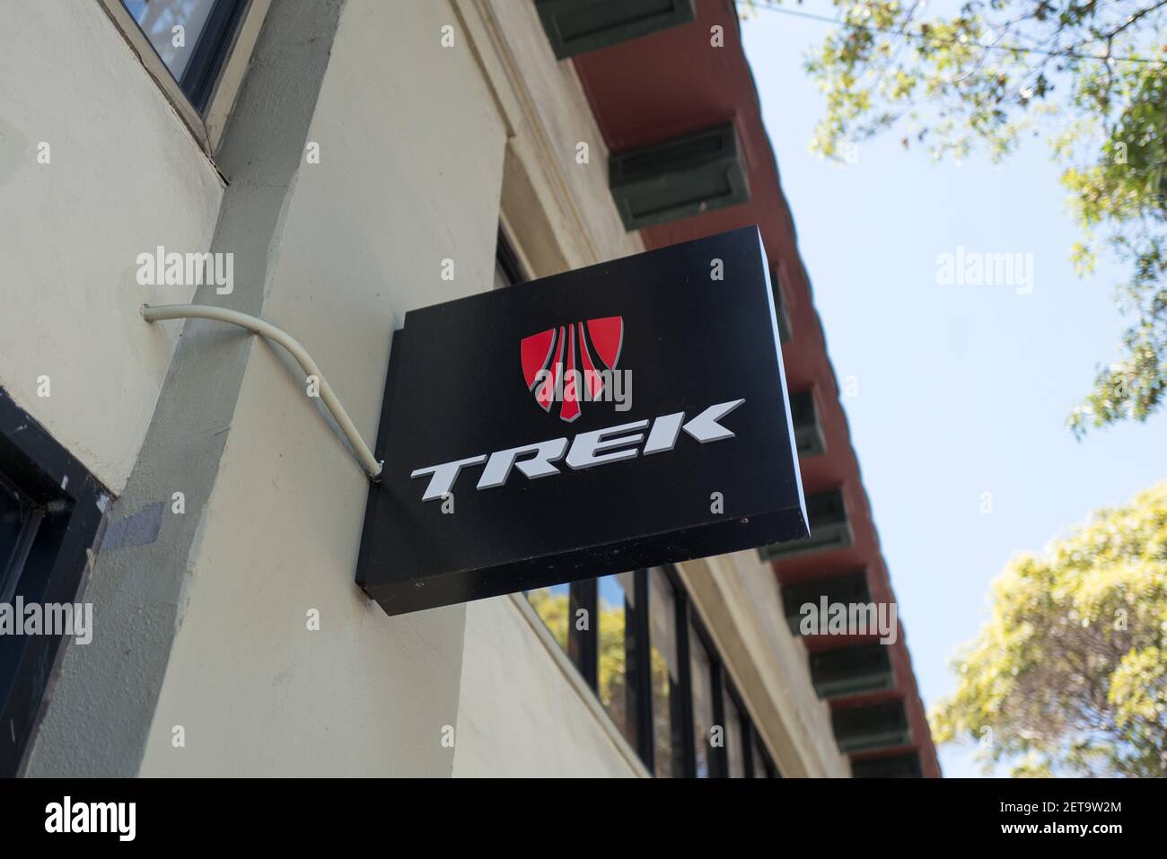 Close-up of sign on facade of Trek bicycle store in downtown Berkeley ...