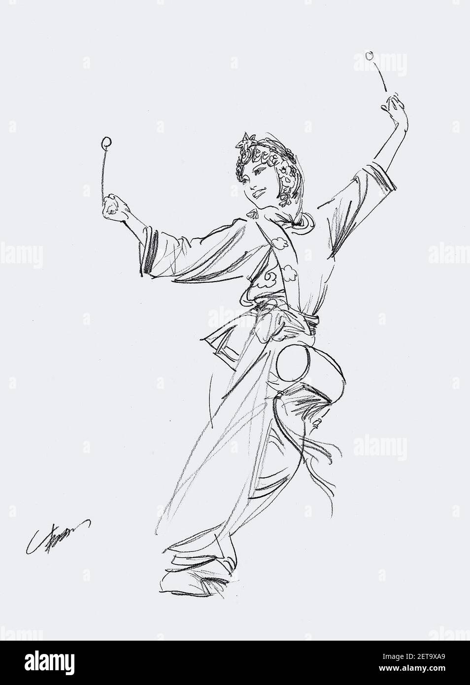 Undated and unlocated photo: "The Flower Drum", a pencil drawing by Zhu ...