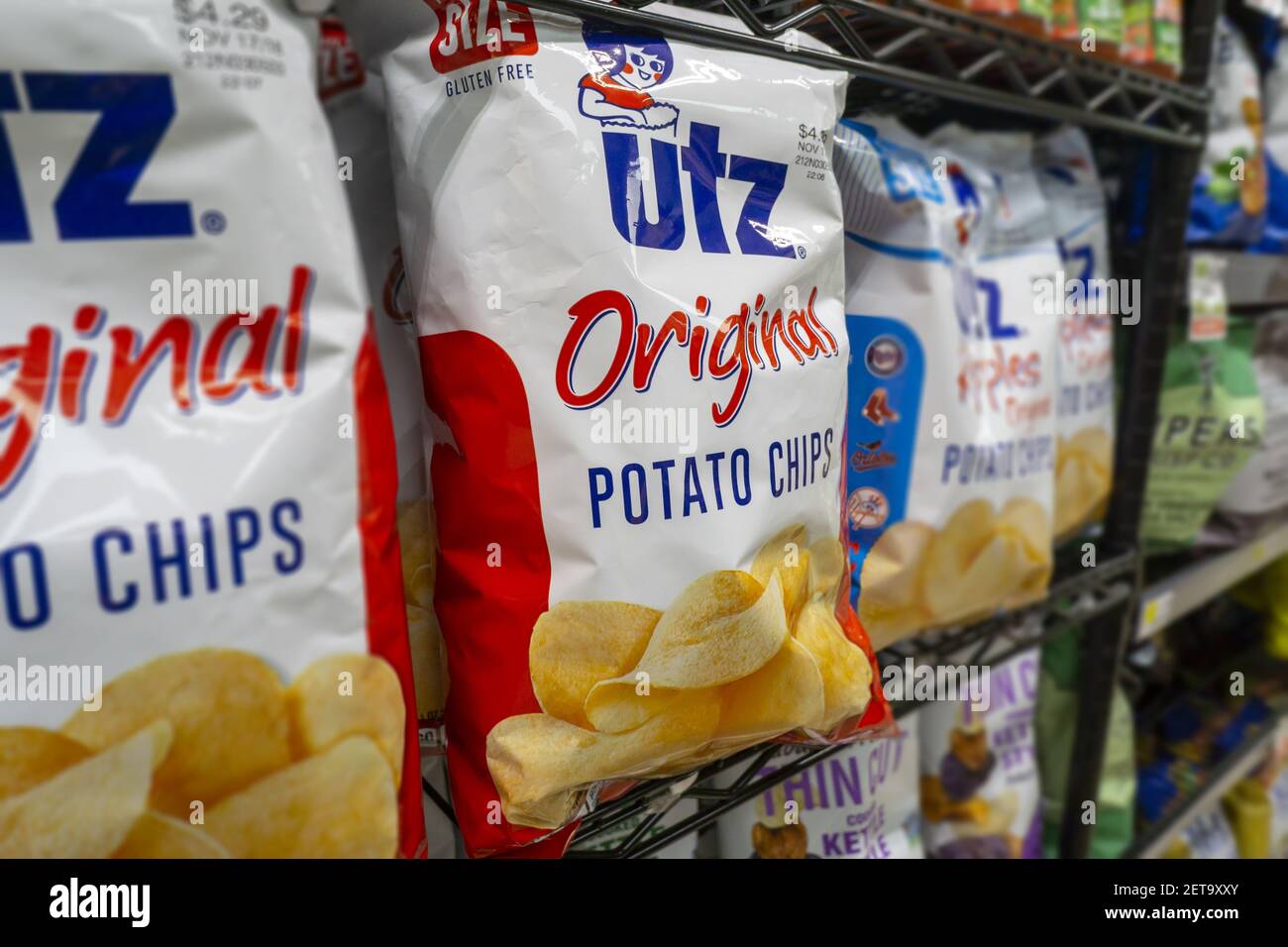 A display of Utz brand potato chips are seen in a supermarket in New ...