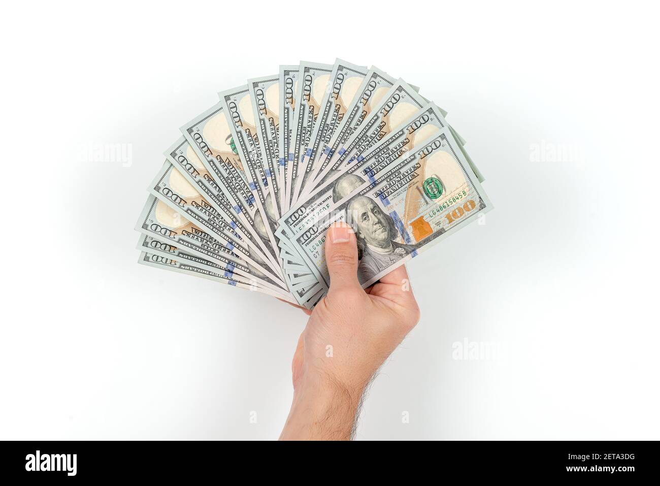 Man's hand with hundred-dollar bills isolated on a white background ...