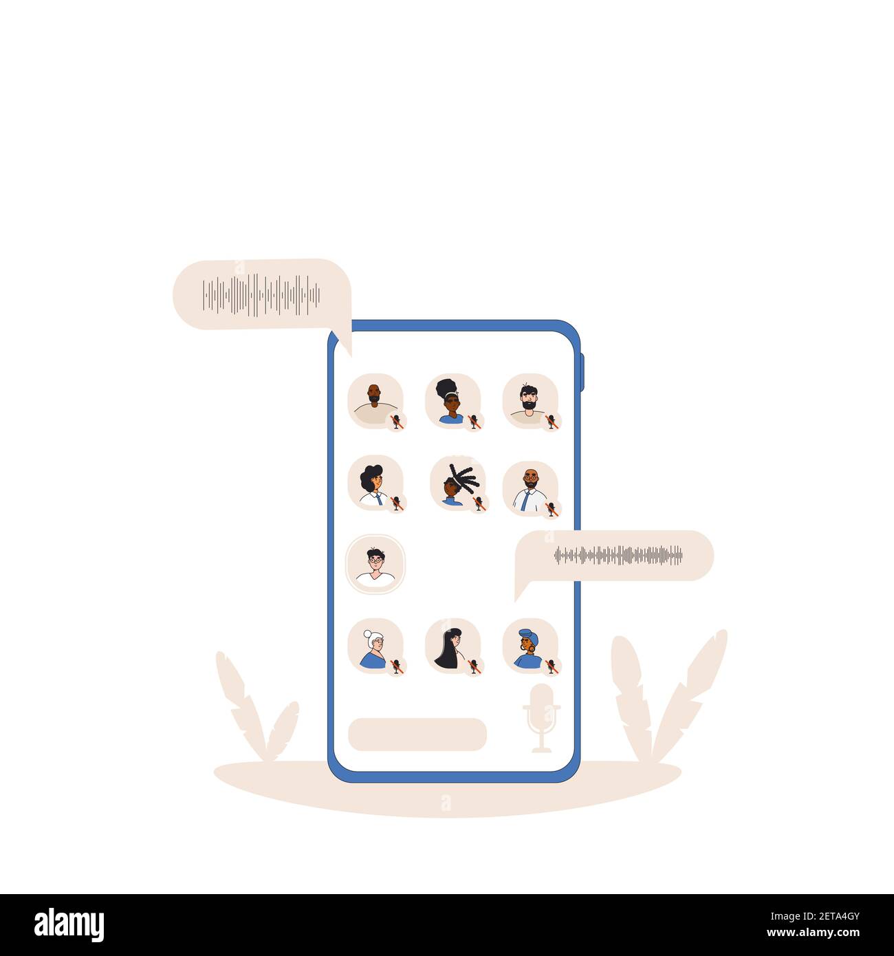 Smartphone with avatars on screen. Social media networking app. Audio ...