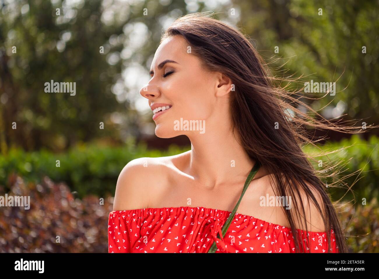 Profile side photo of peaceful calm relaxed young woman closed eyes ...