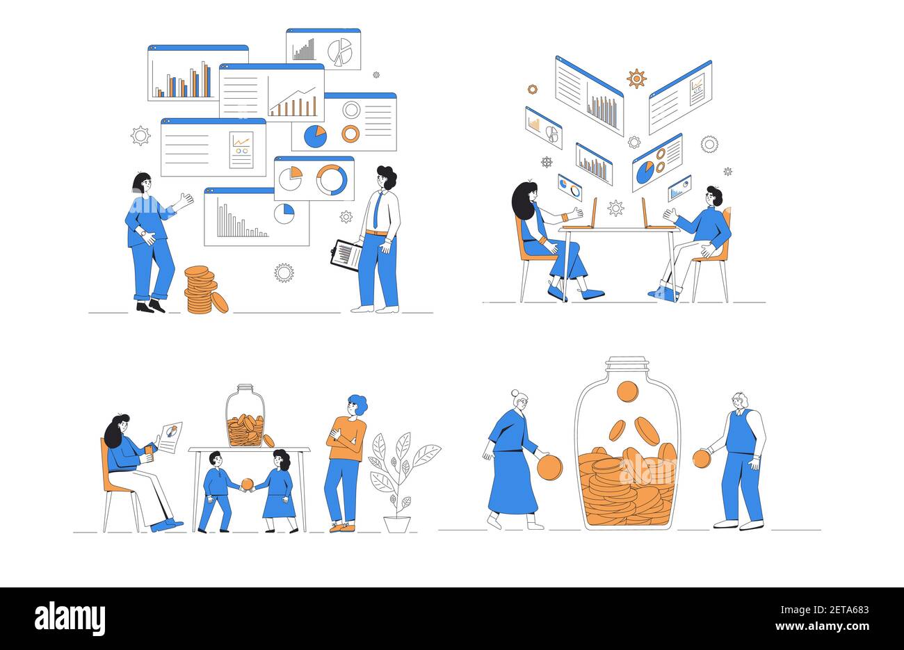 Financial and business analytics set. Different characters with money ...