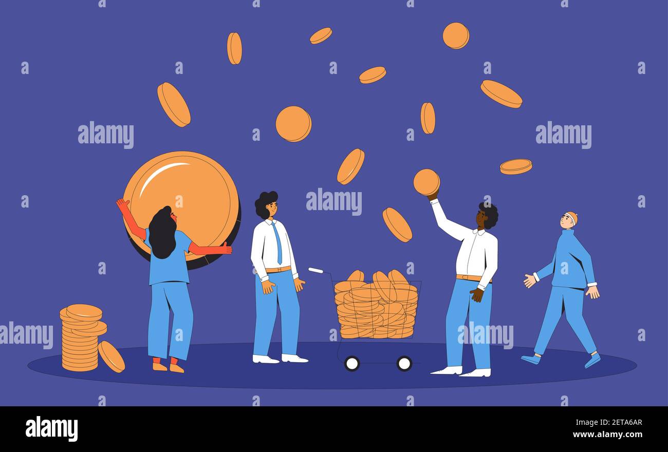 Benefits and income concept. Characters with pile of coins. Female and ...