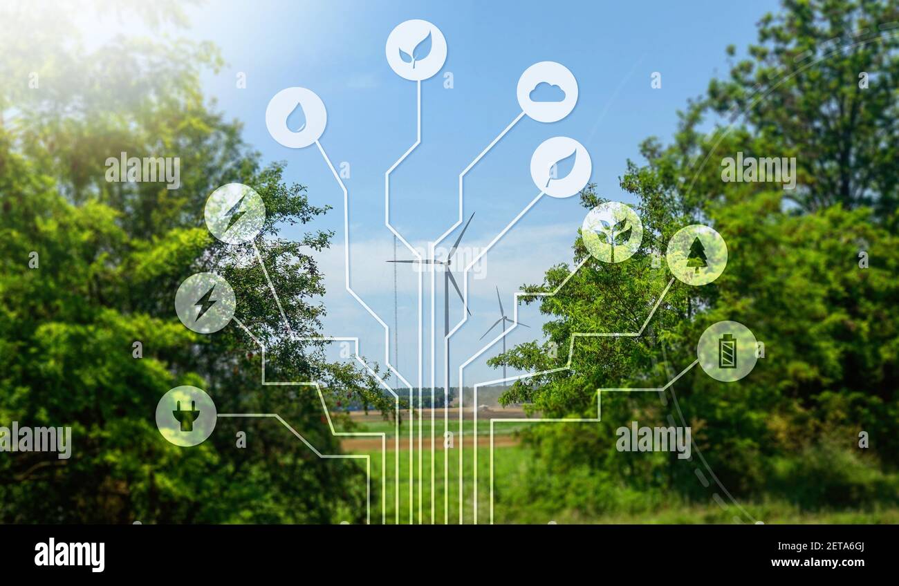 Collage Concept With Wind Turbines And Icons For Alternative Energy ...