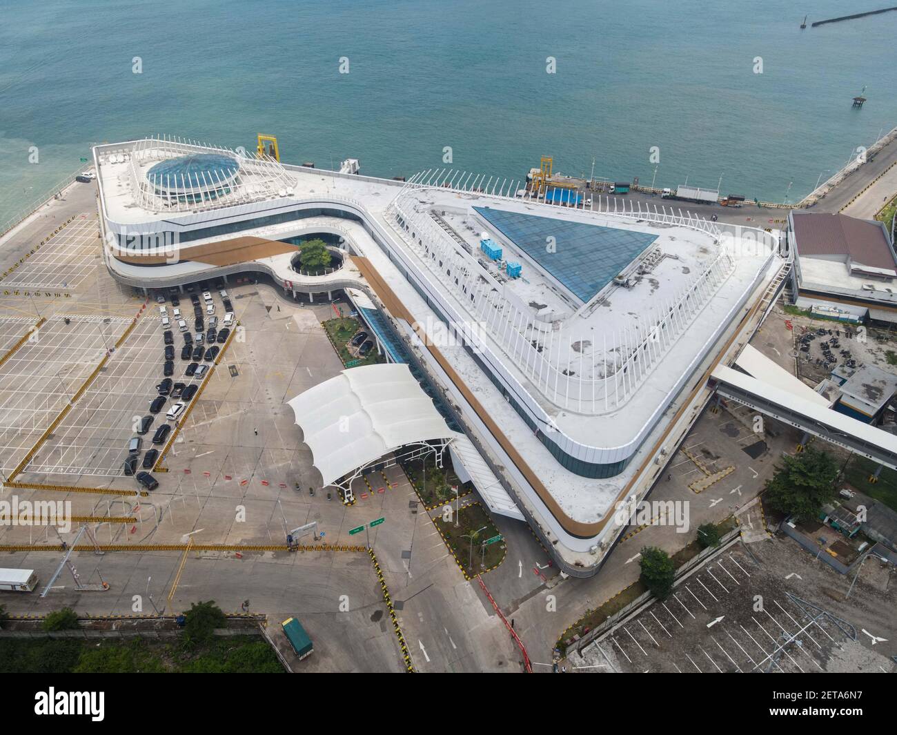 Aerial view of pelabuhan merak is a marine port and town harbor island ...