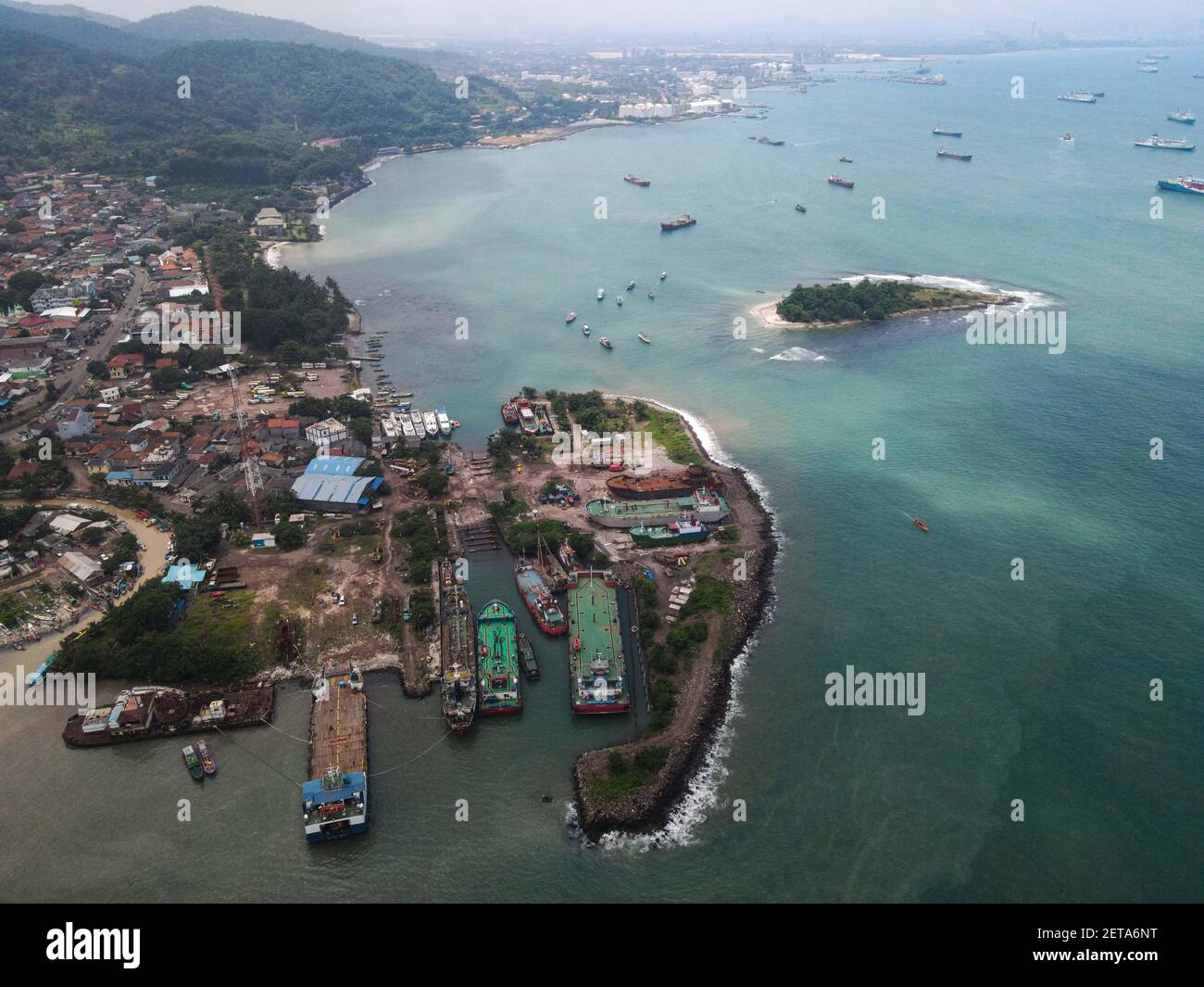 Aerial view of pelabuhan merak is a marine port and town harbor island ...