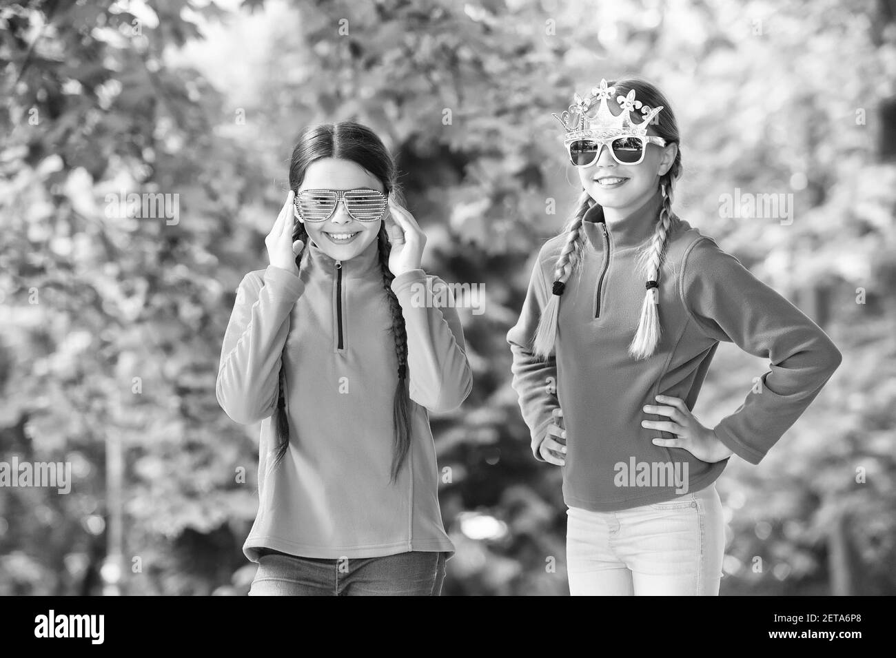 Cheerful kids having fun while hiking forest nature background ...