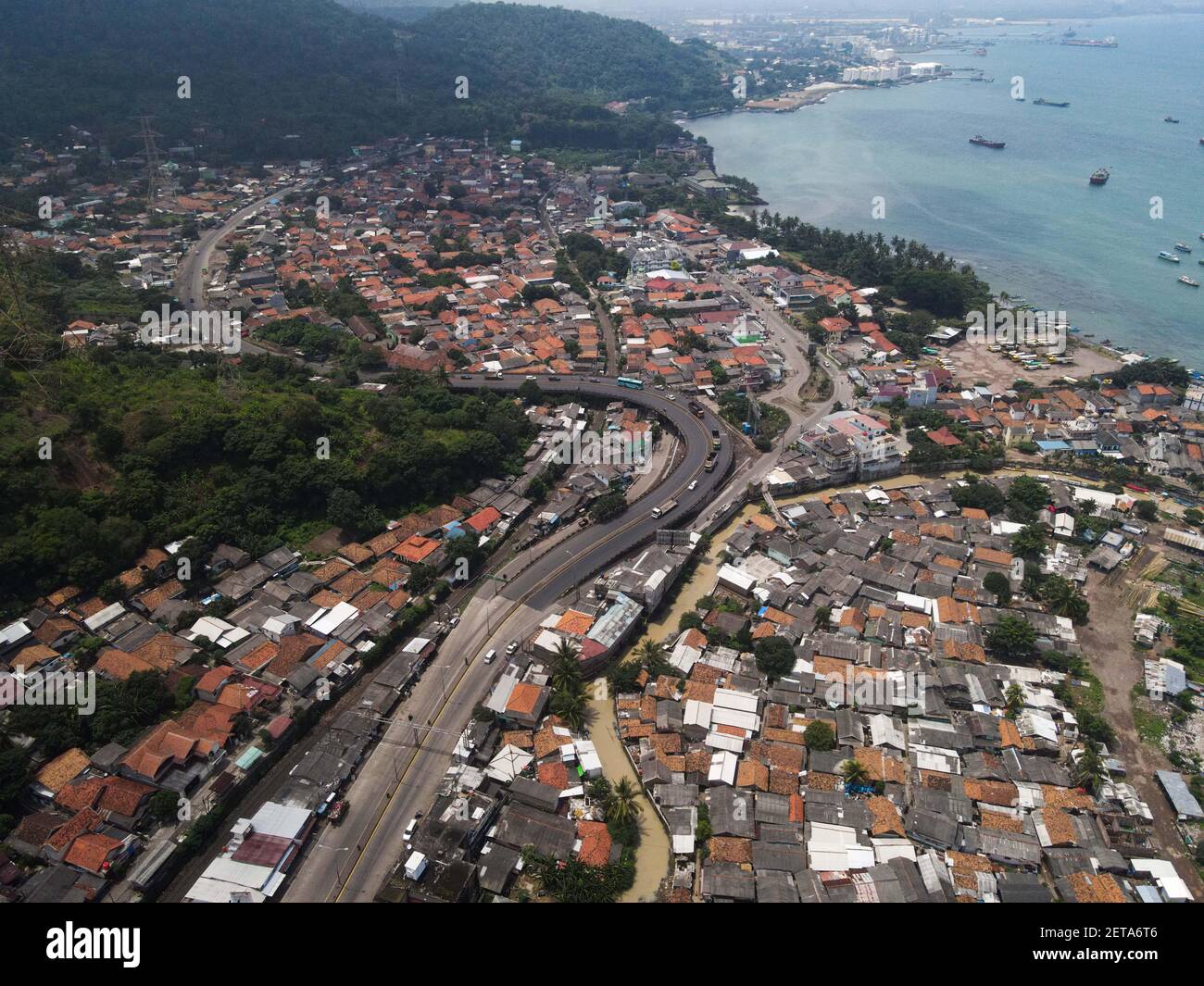 Aerial view of pelabuhan merak is a marine port and town harbor island ...