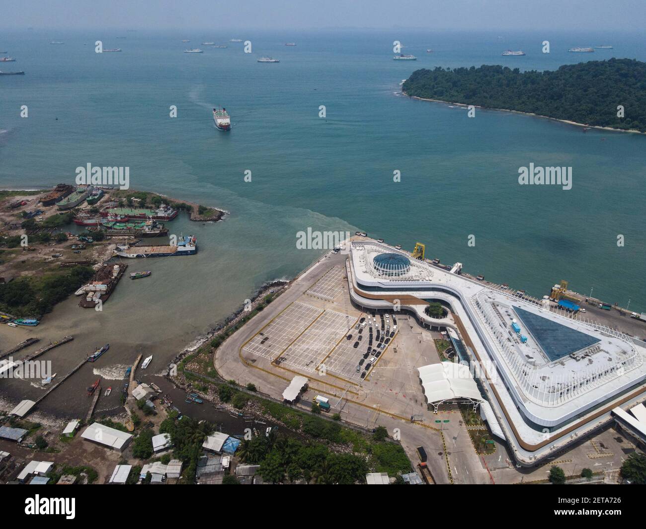Aerial view of pelabuhan merak is a marine port and town harbor island ...