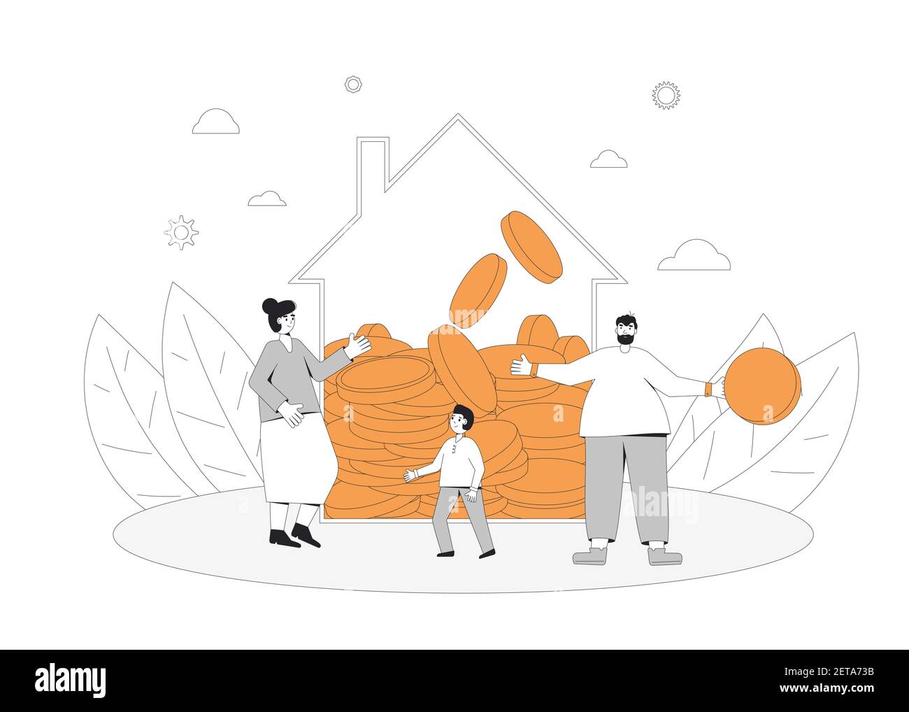 Family budget concept. Parents with kid save money to buy a house ...