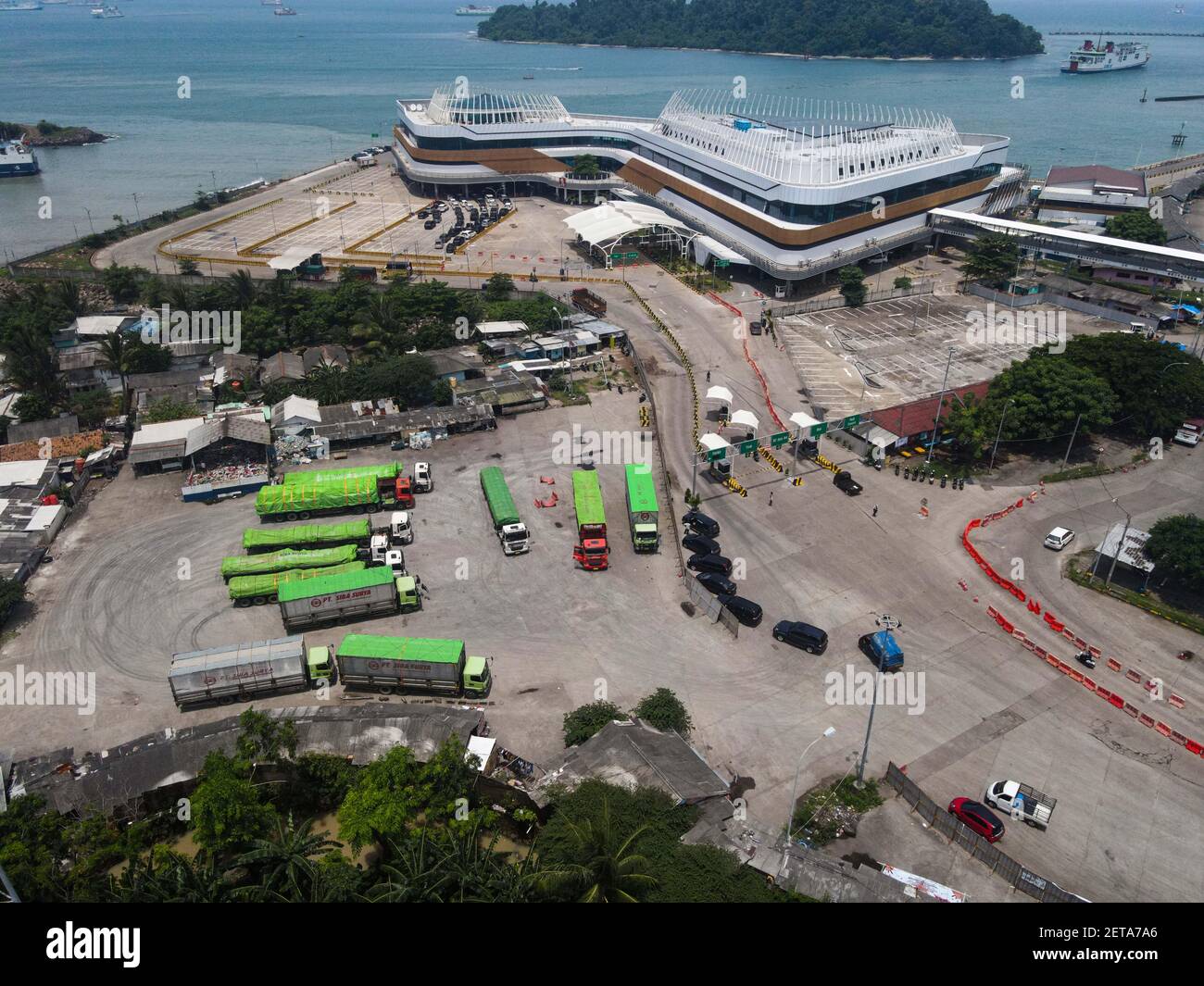 Aerial view of pelabuhan merak is a marine port and town harbor island ...