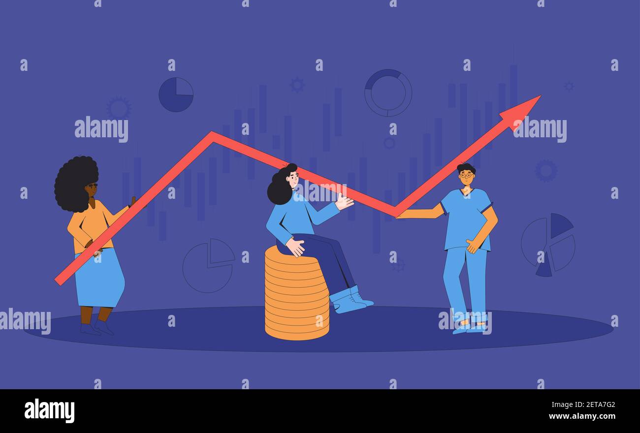Investment arrow. Retail traders with stock market growing graph ...