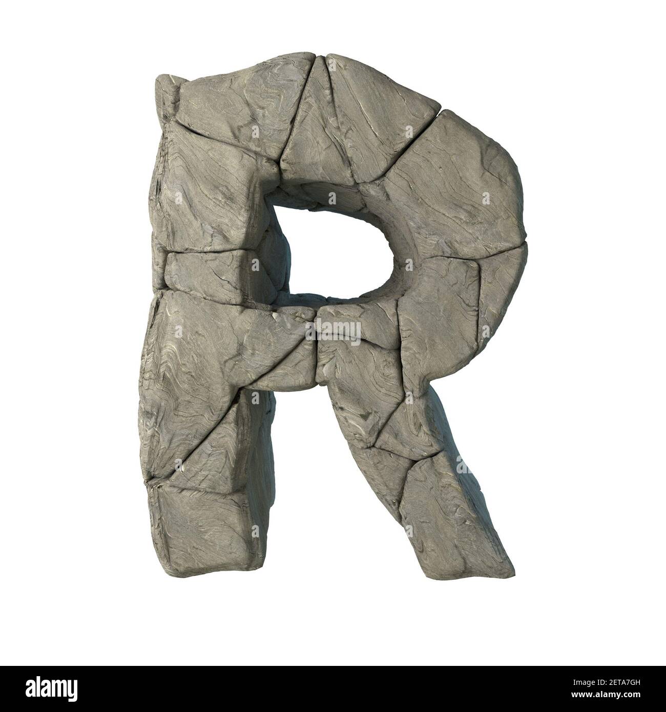 A 3D rendering illustration of the letter R formed with cracked rocks ...