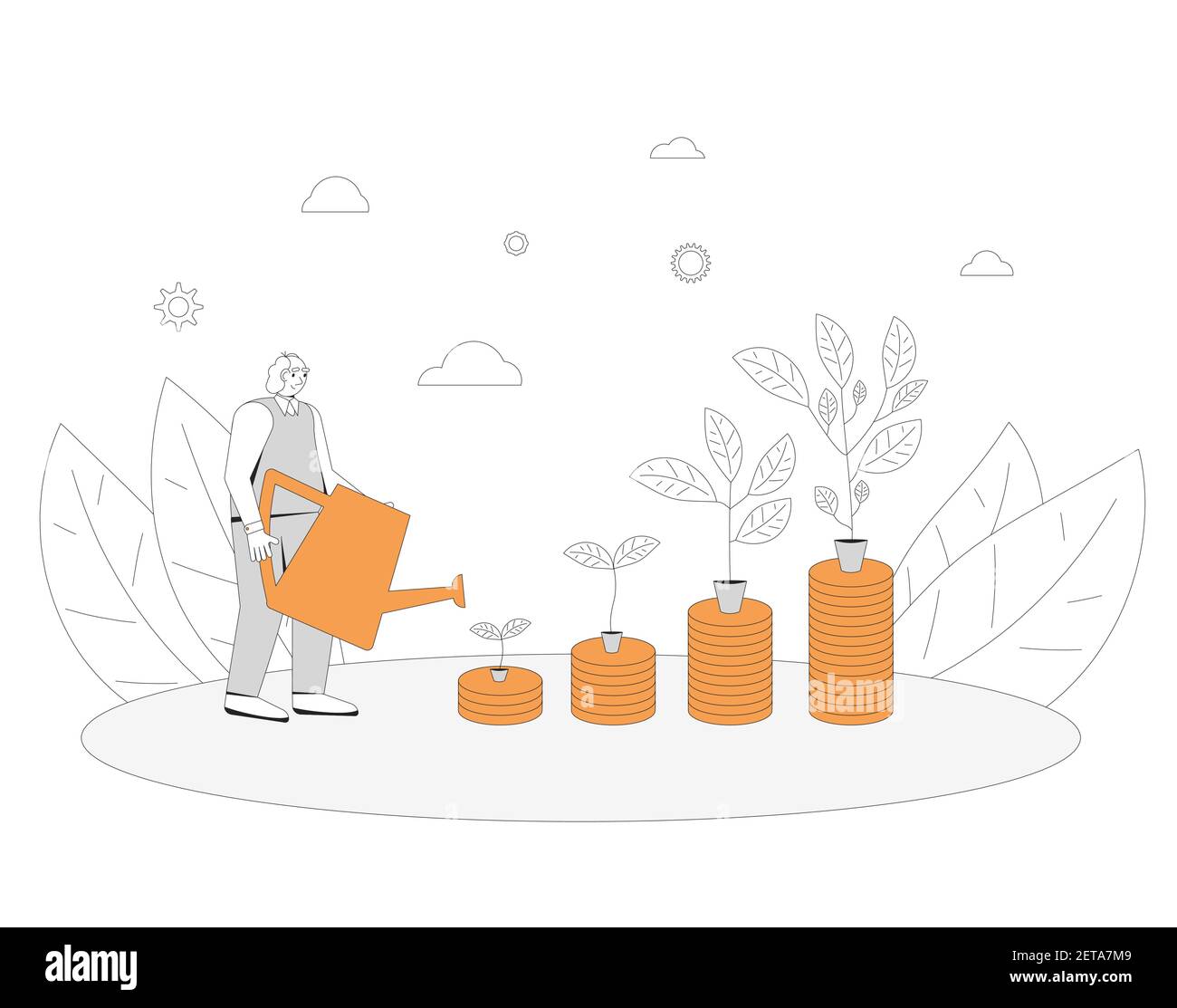 Profit concept. Retirement fund. Business growth. Elderly man with pot ...