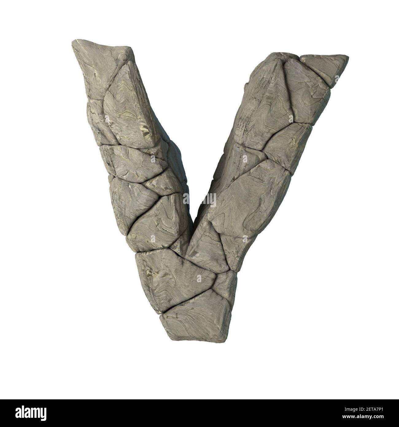 A 3D rendering illustration of the letter V formed with cracked rocks ...