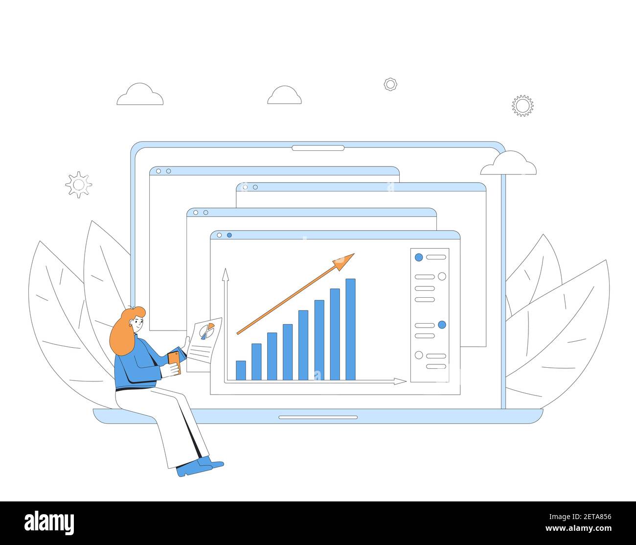 Online investment concept. Retail trader. Young woman with stock market ...