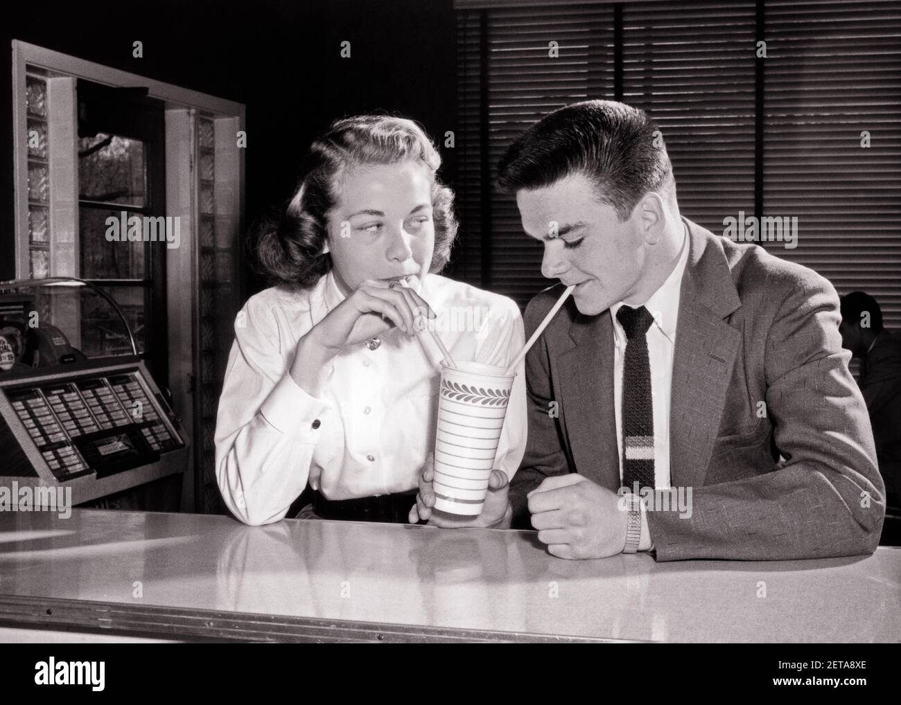 1950s TEENAGE SWEETHEARTS BOY GIRL SITTING AT SODA FOUNTAIN COUNTER ...