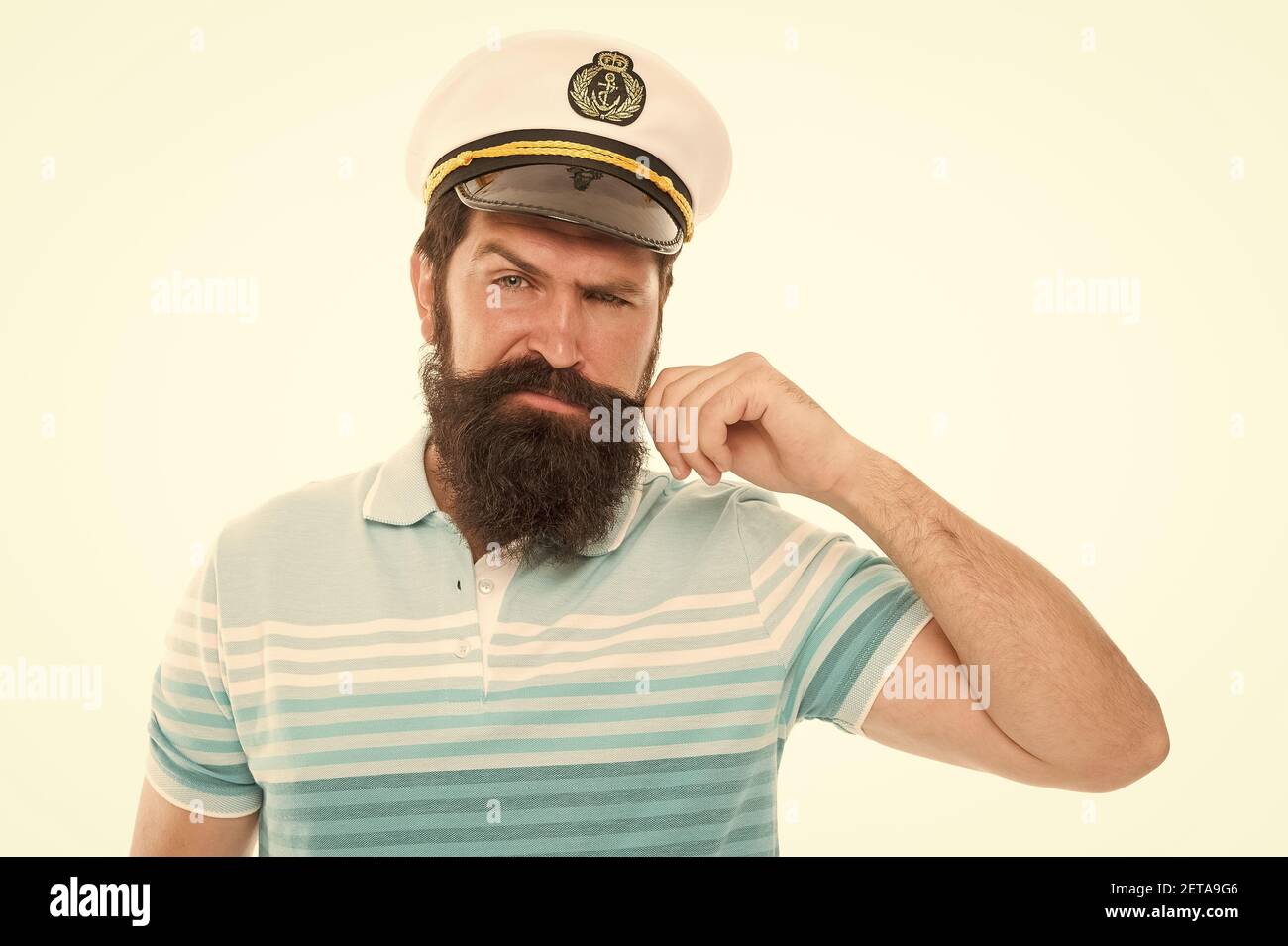Experienced sailor captain. Bearded sailor isolated on white. Navy and ...