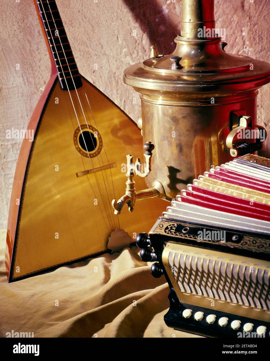 1970s TRADITIONAL RUSSIAN OBJECTS STILL LIFE THREE STRING TRIANGULAR ...