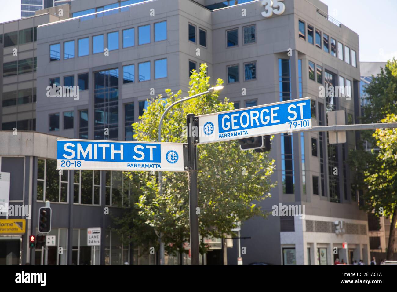 Parramatta city centre in western Sydney and street signs for smith ...