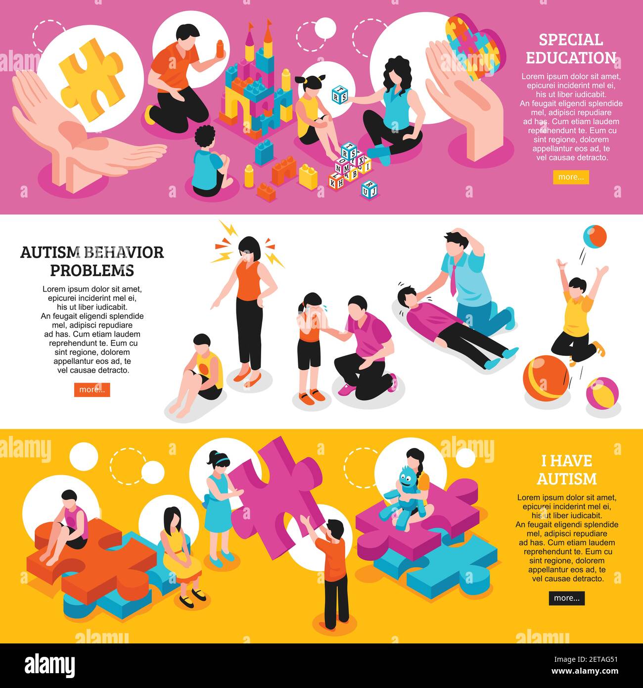 Set of isometric horizontal banners autism awareness special education ...