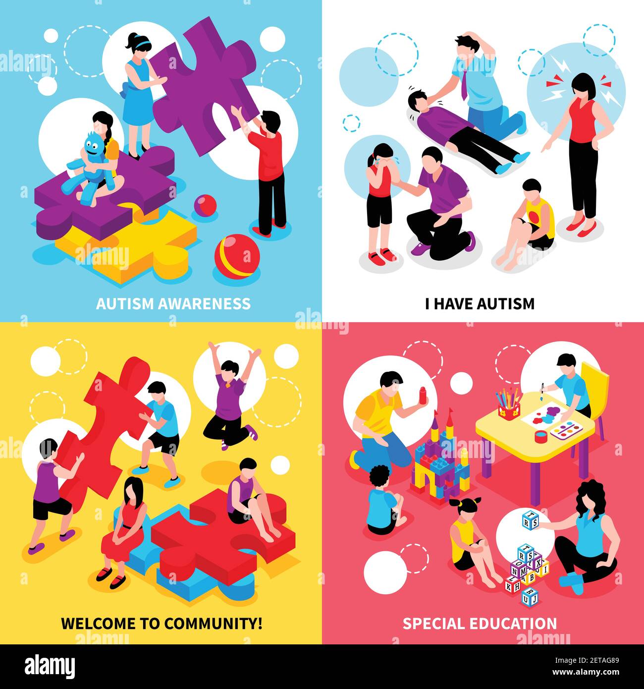 Autism awareness isometric design concept with behavior problems and ...