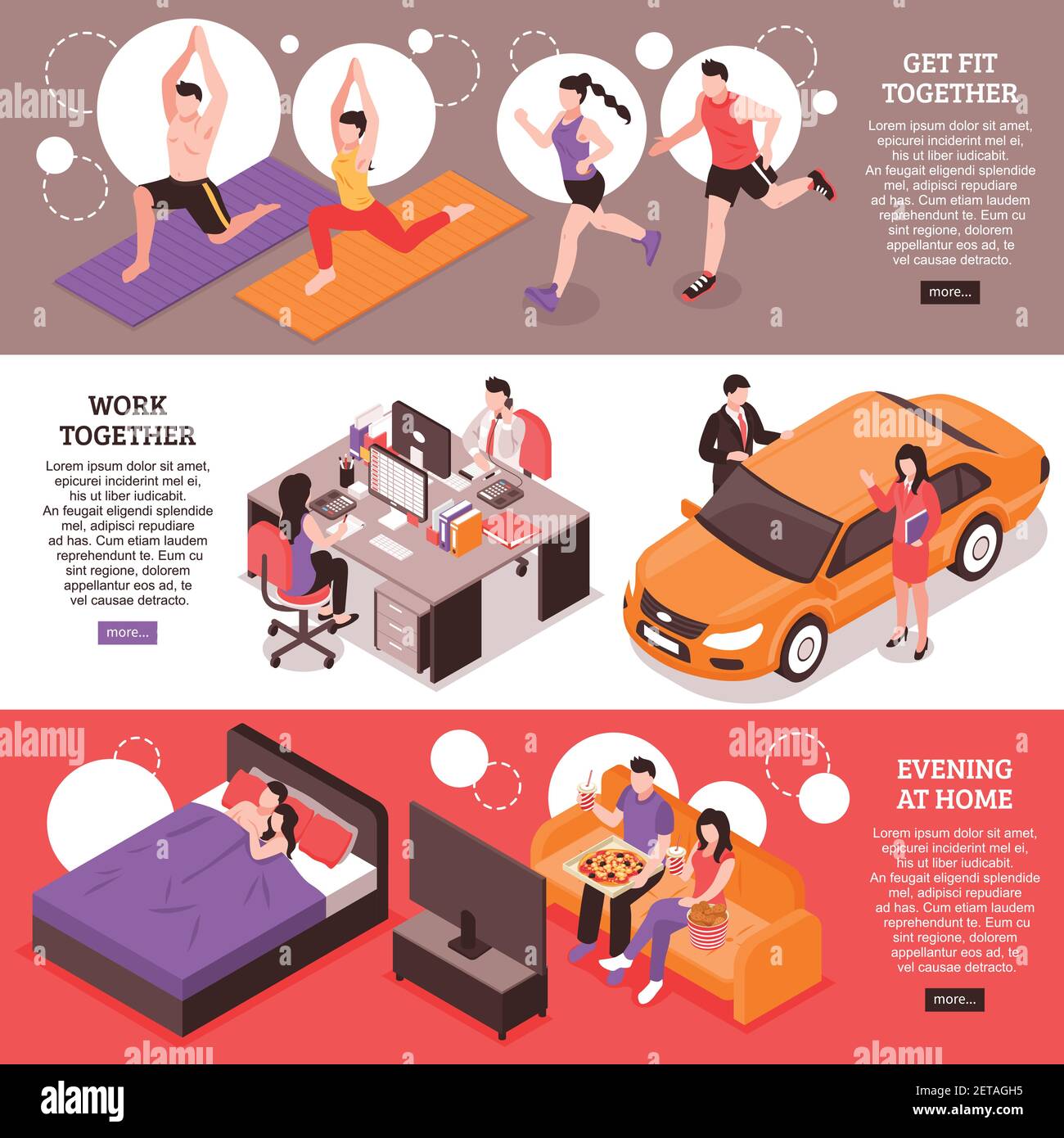 Daily routine for couple isometric horizontal banners fitness and work ...