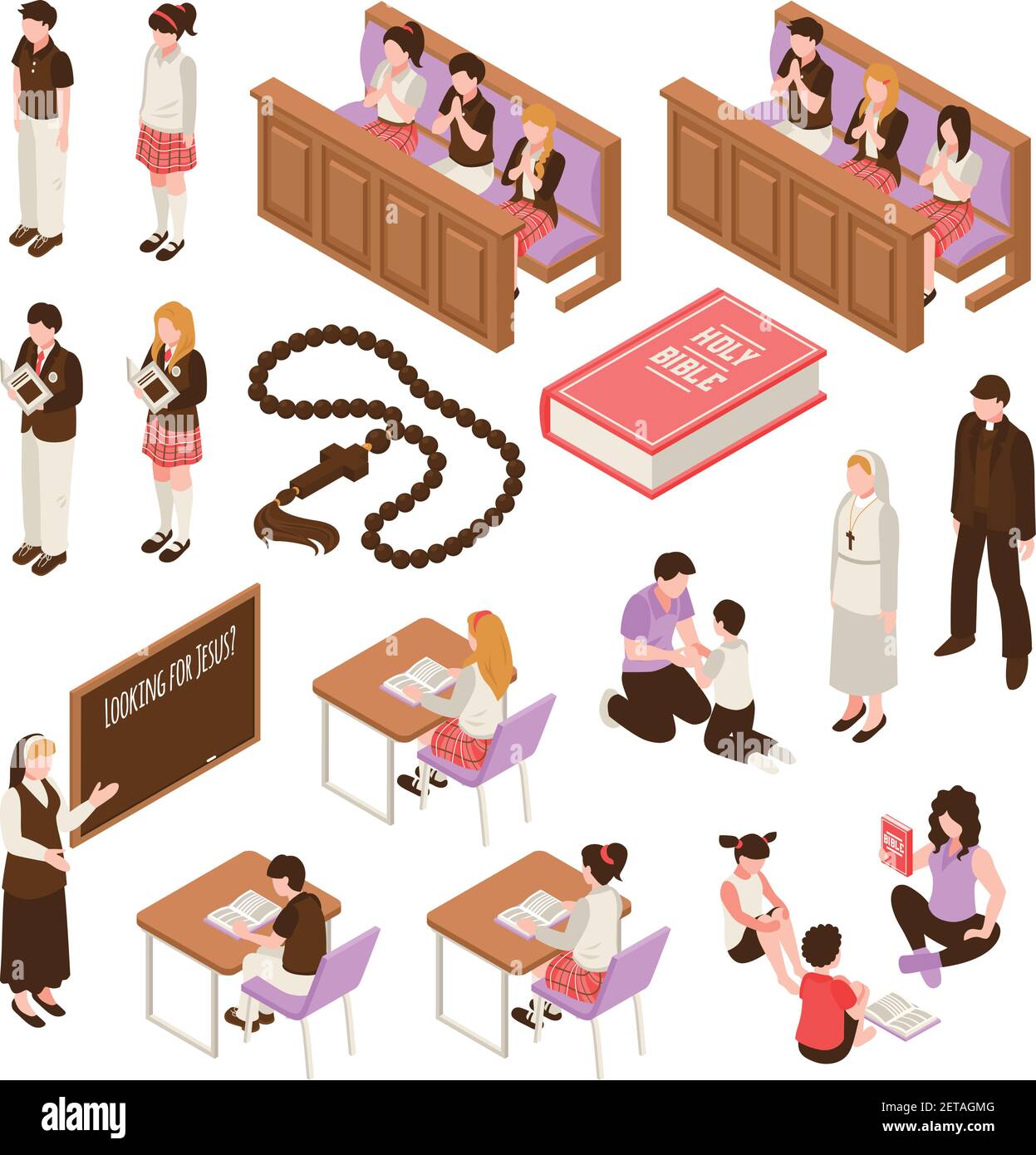 Religious education set of isometric icons learning at sunday school ...