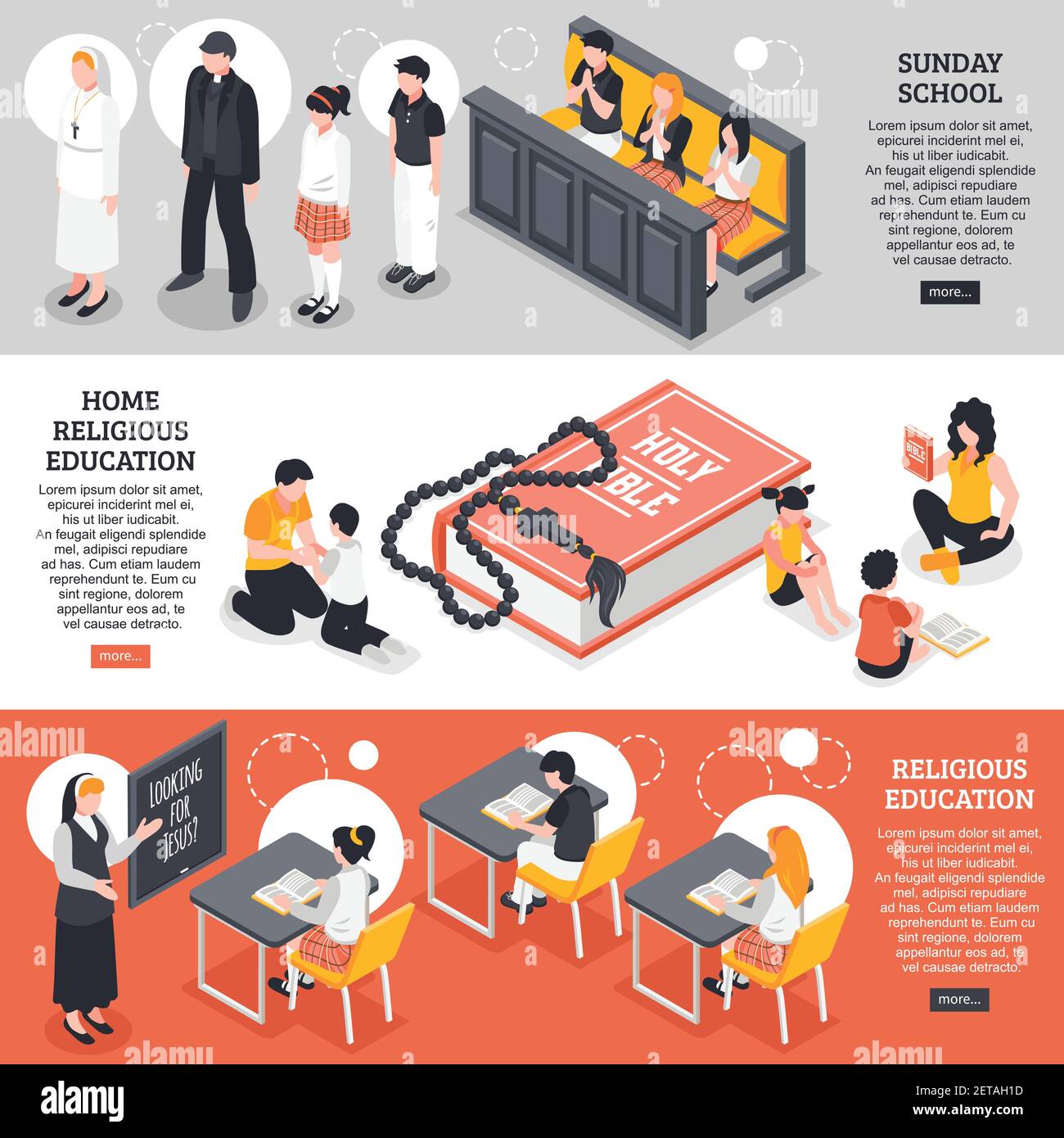 Set of isometric horizontal banners sunday school home learning of ...