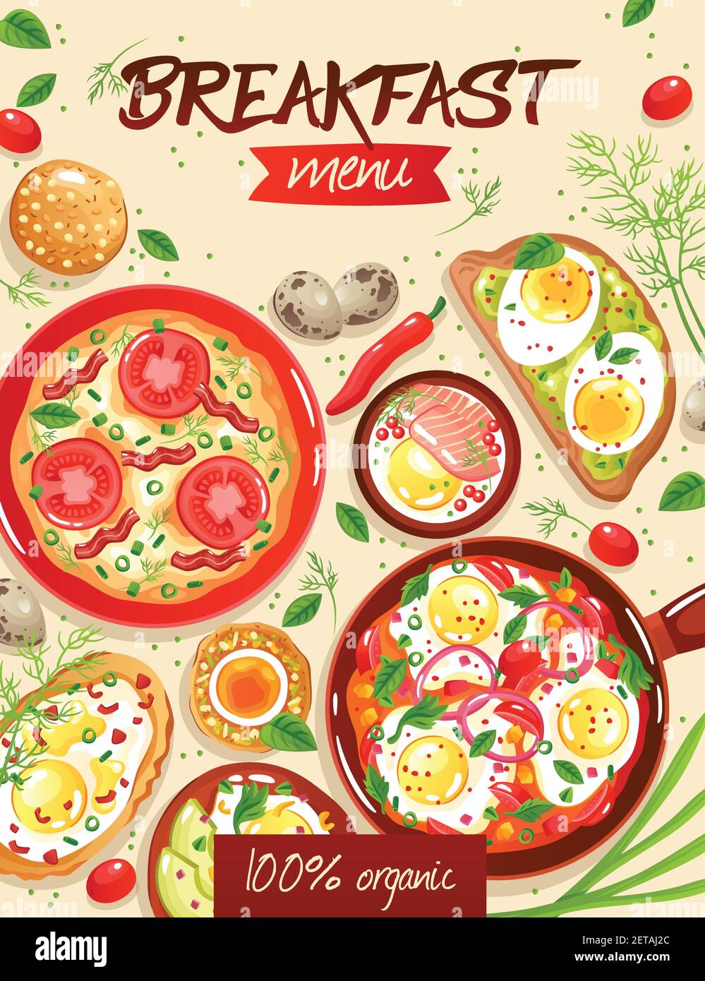 Breakfast menu template with various egg dishes on beige background ...