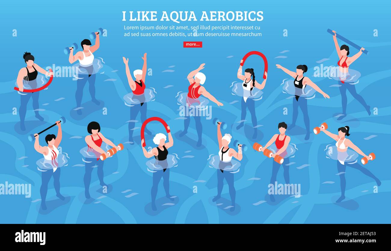 Women with various equipment during aqua aerobics class on blue ...