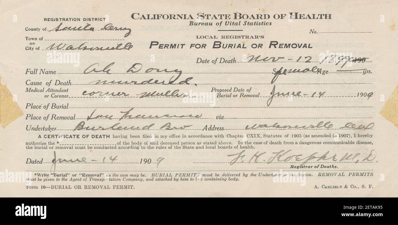 Permit for Burial or Removal Stock Photo - Alamy