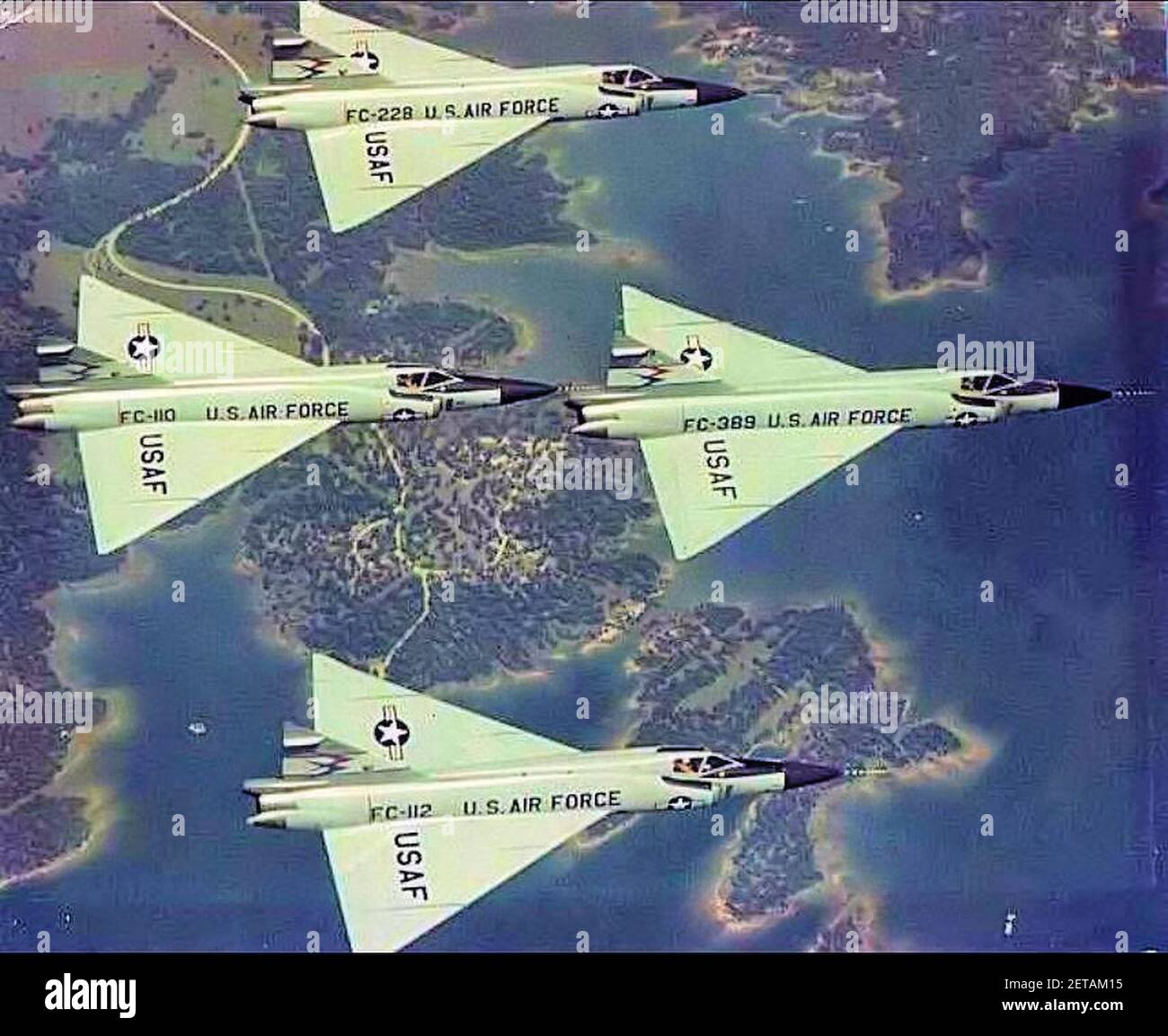 Perrin Air Force Base - Flight of four F-102 Delta Daggers over Lake ...