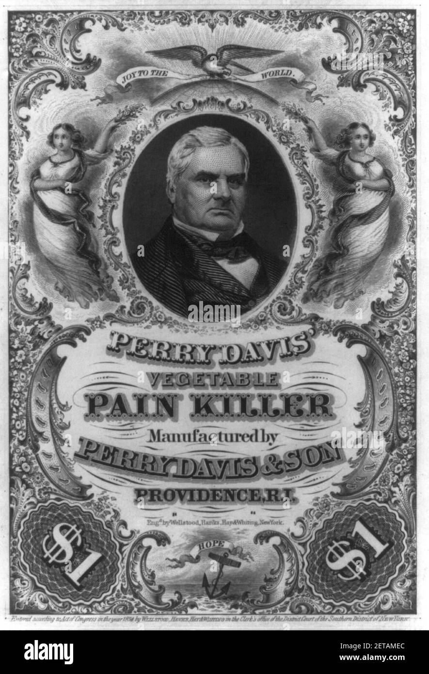 Perry Davis, bust, facing right, on advertisement for Perry Davis ...