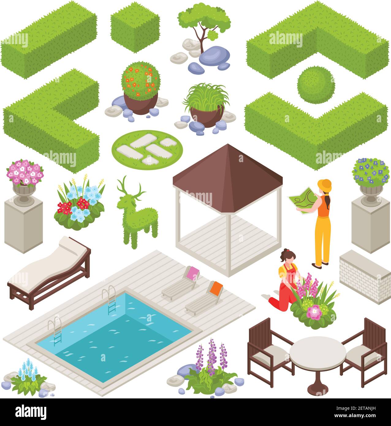 Landscape design set with flowers and plants isometric isolated vector ...
