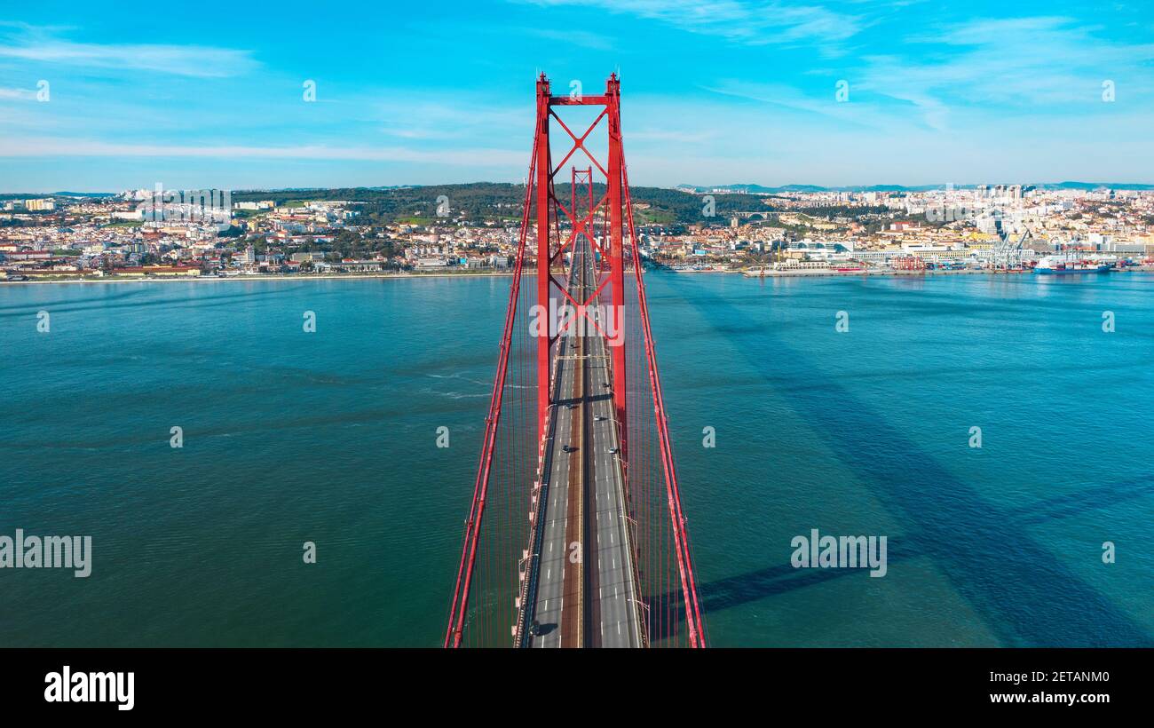 Top view of the 25 De Abril Bridge. Red bridge in Lisbon.Portugal ...