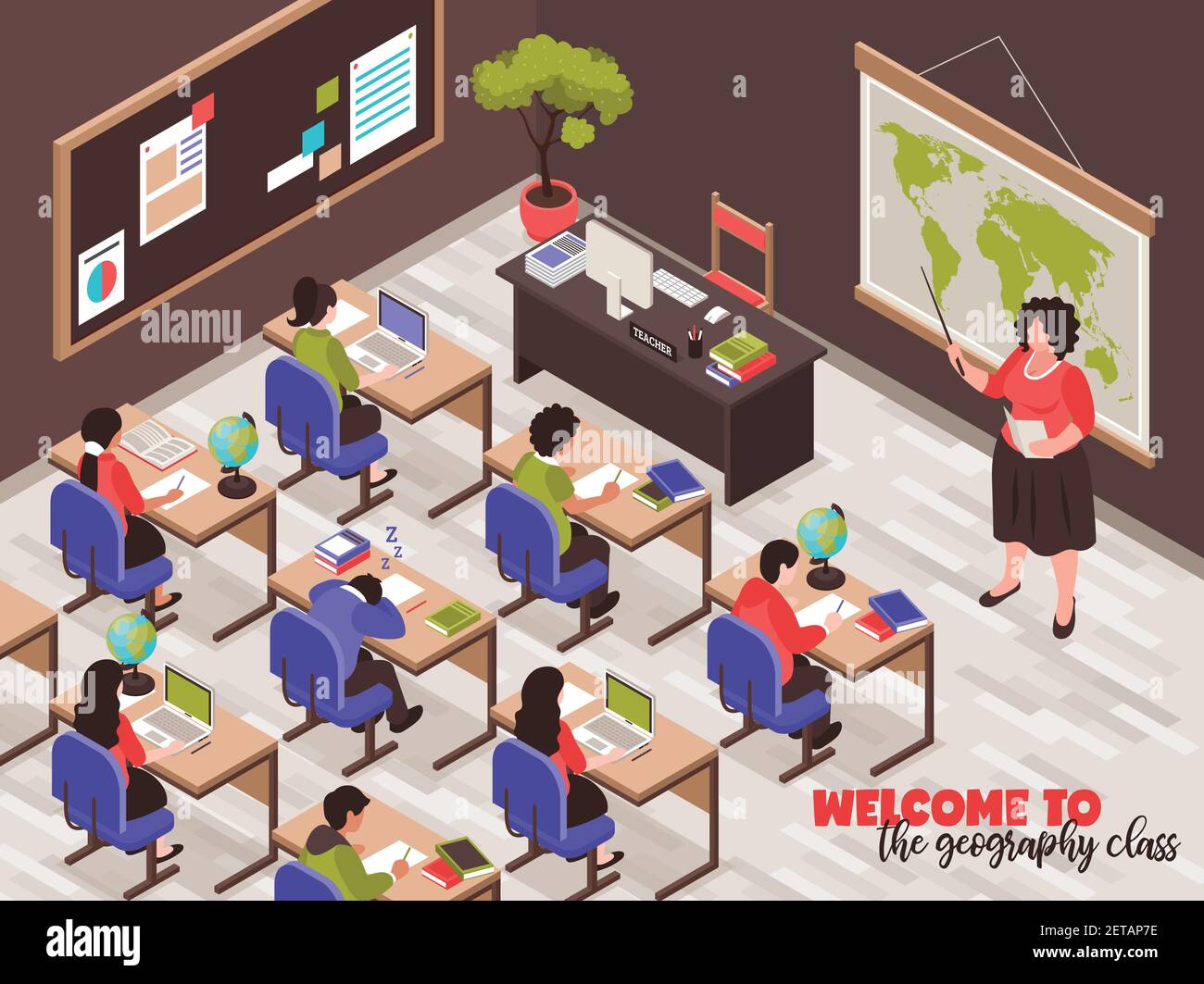 Teachers and classroom poster with Geography class symbols isometric ...
