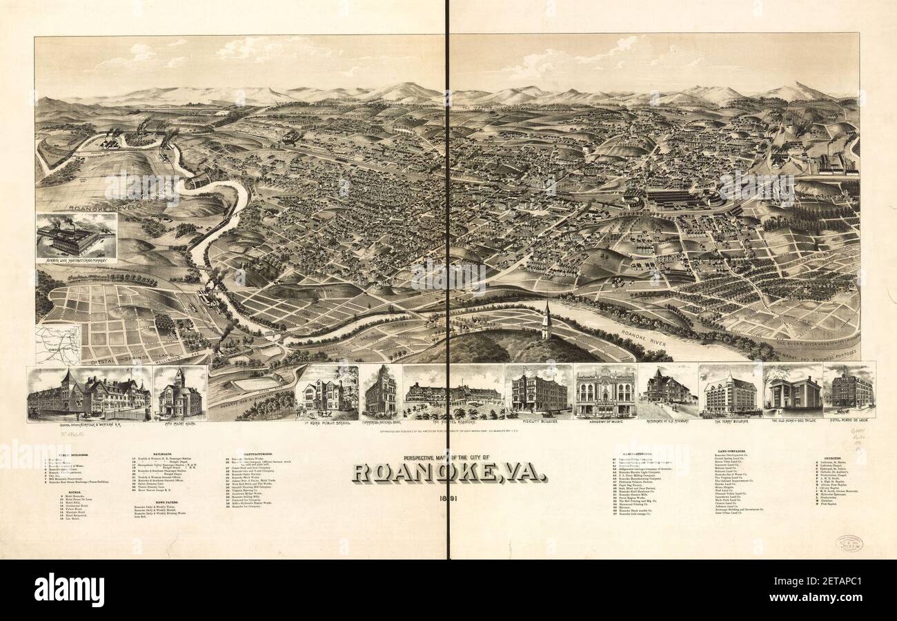 Perspective map of the city of Roanoke, Va. 1891 Stock Photo - Alamy