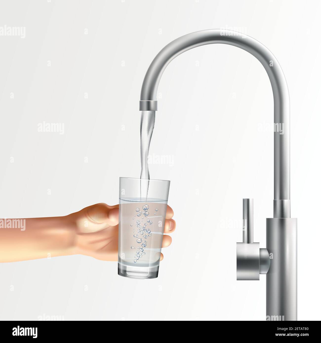 Faucet realistic composition with images of metallic faucet running ...