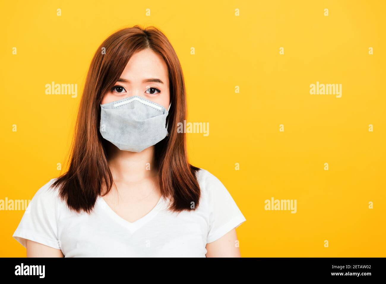 Asian happy portrait beautiful cute young woman standing wear t-shirt ...