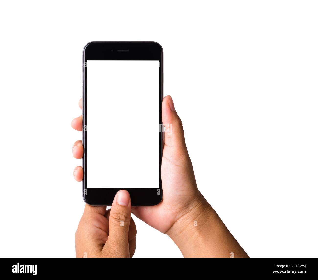 Woman hand holding mockup smartphone blank white screen. Female touch ...