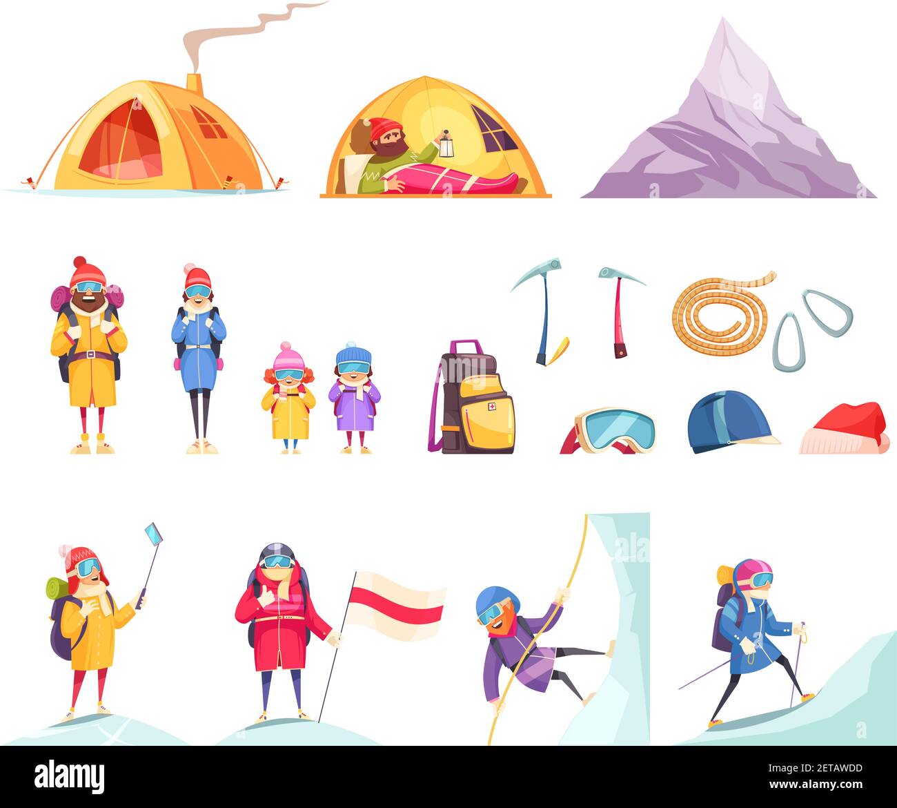Mountaineering cartoon set with climbers gear equipment clothing tent ...