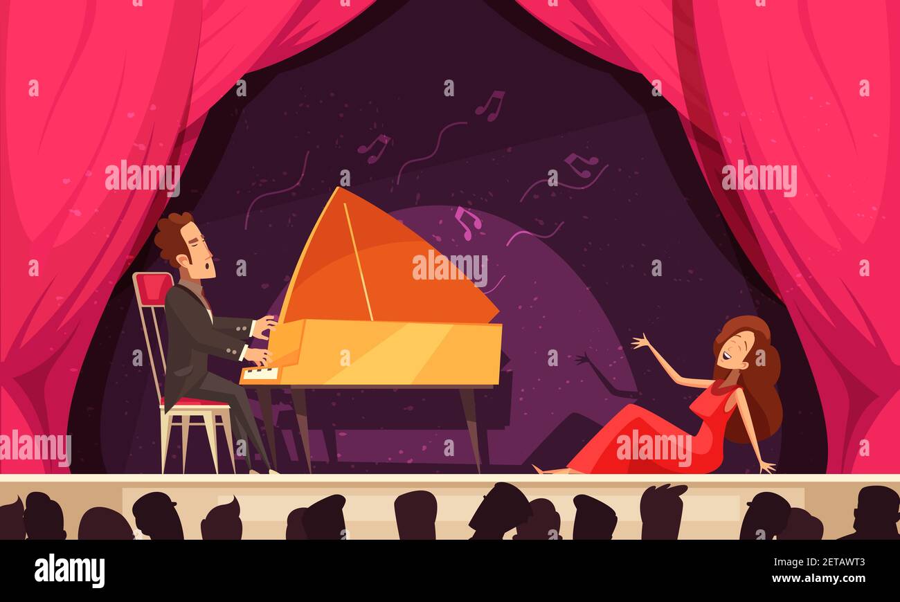 Opera theater flat cartoon horizontal composition with singer aria and ...