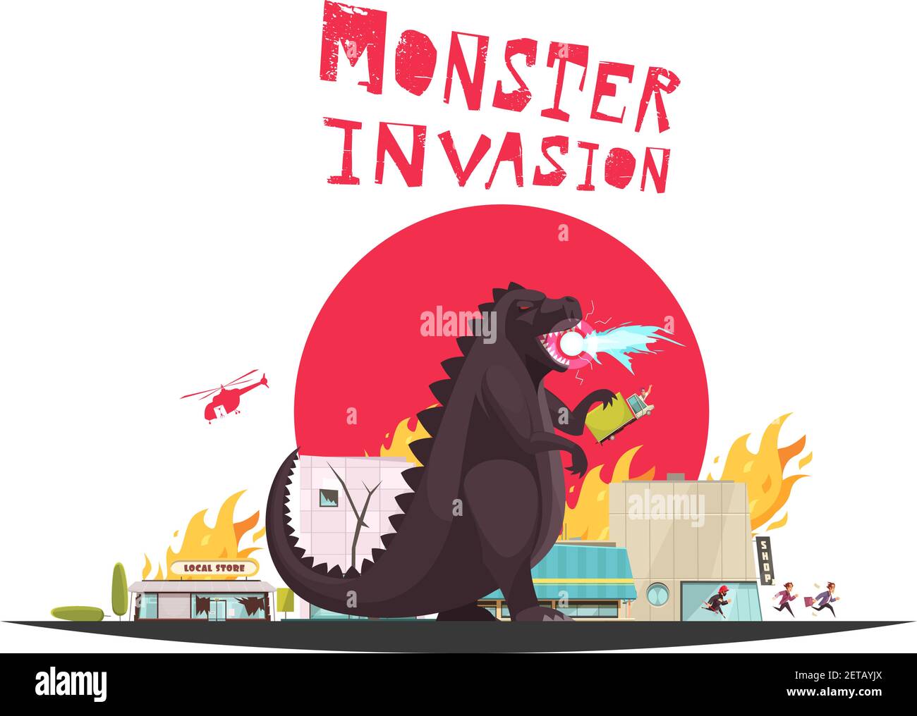 Monster invasion attack scene with funny dragon setting shops ablaze ...