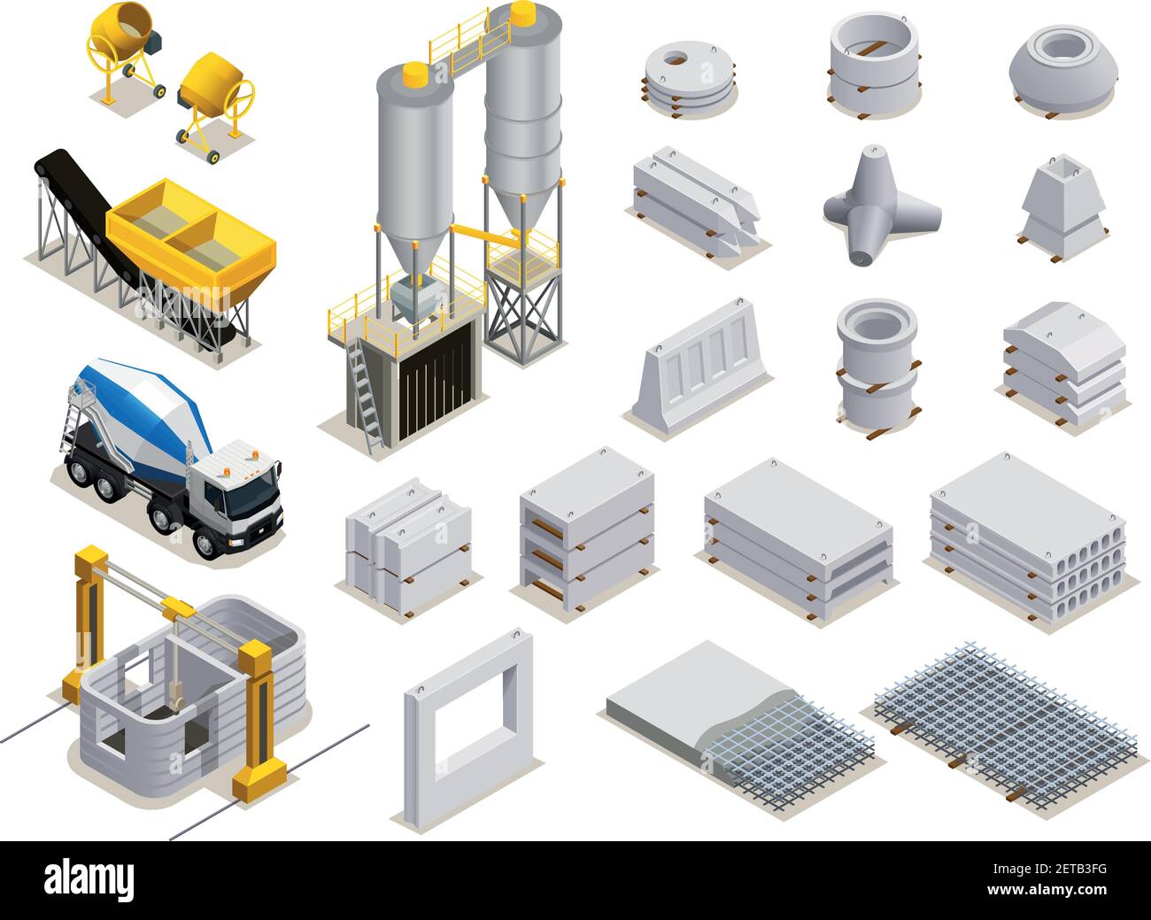 Concrete production set of isometric icons with manufacturing equipment ...