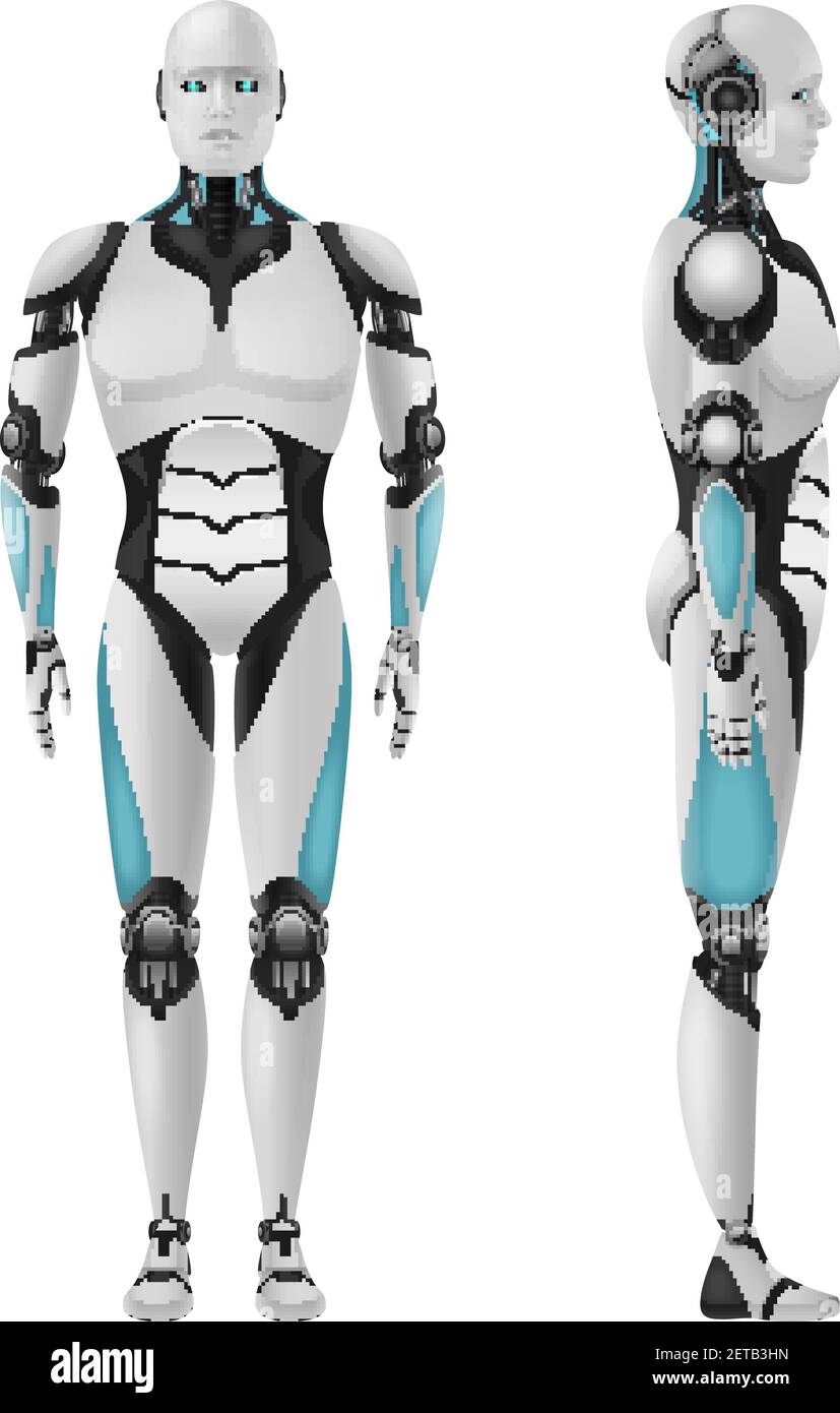 Robot realistic 3d composition with set of front and side views of ...